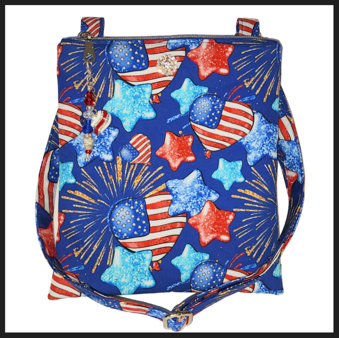 Patriotic Crossbody Bag, Red, White, Blue Hearts Purse, Fireworks ...
