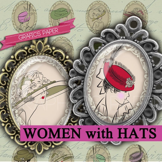 Women with Hats Images Digital Collage Sheet 30x40mm ovals | Etsy