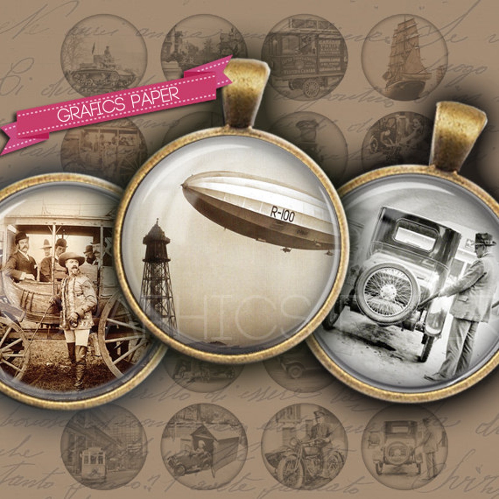 Old Car tank airship train tram bicycle digital collage | Etsy