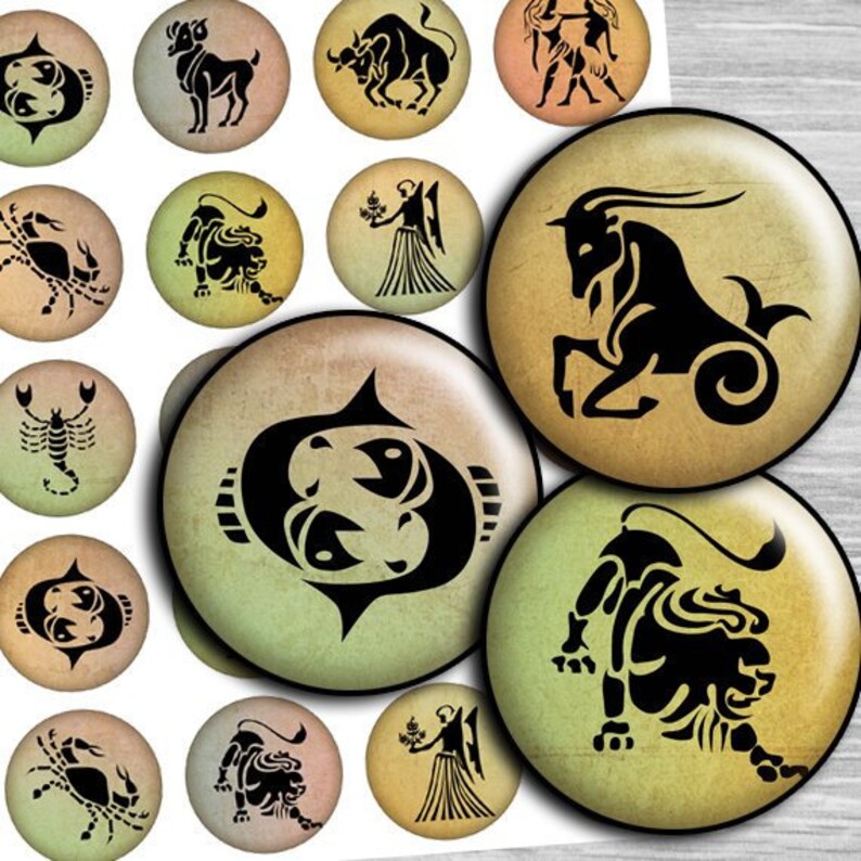 Zodiac signs digital collage sheet round images printable | Etsy