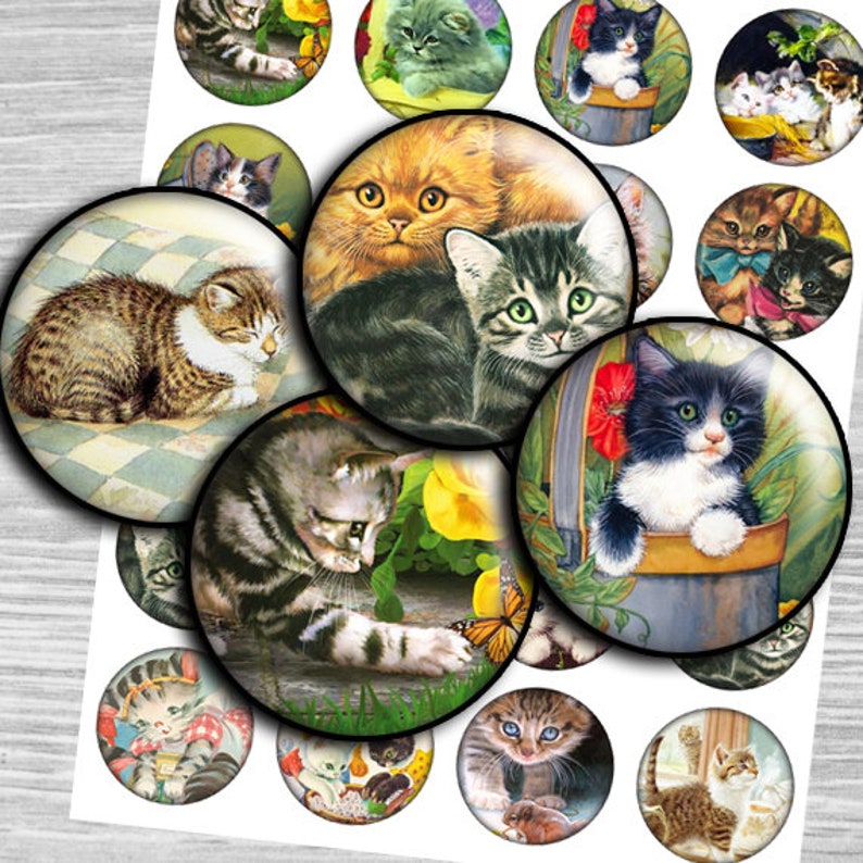 Chats feuille de collage numérique cercle imprimable 25mm - Etsy France