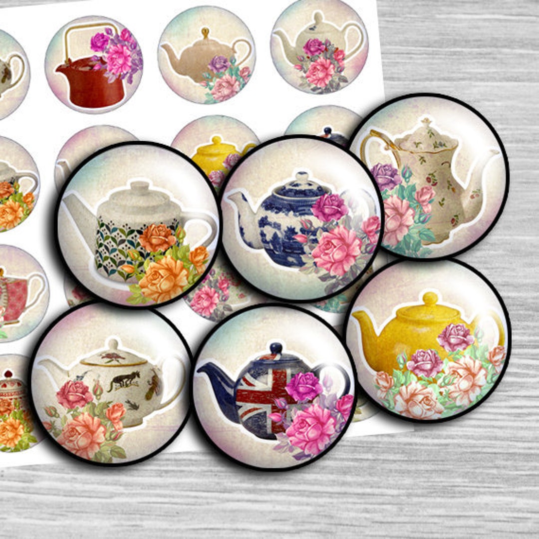 Floral Teapot Digital Collage Sheet, Circle Images (instant Download ...
