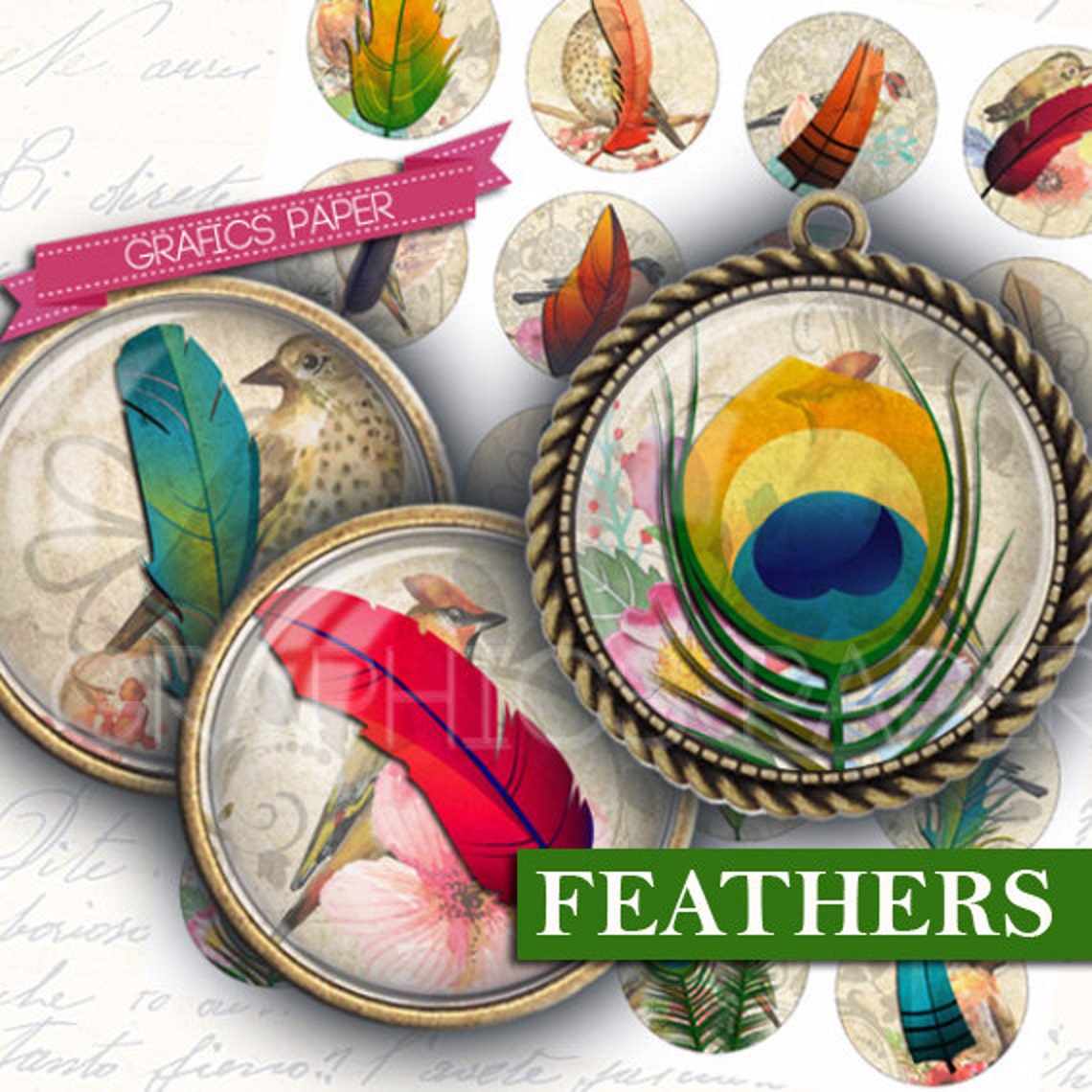 Birds Feathers Peacock Digital Collage Sheet Images 1.5", 1.25", 30mm ...