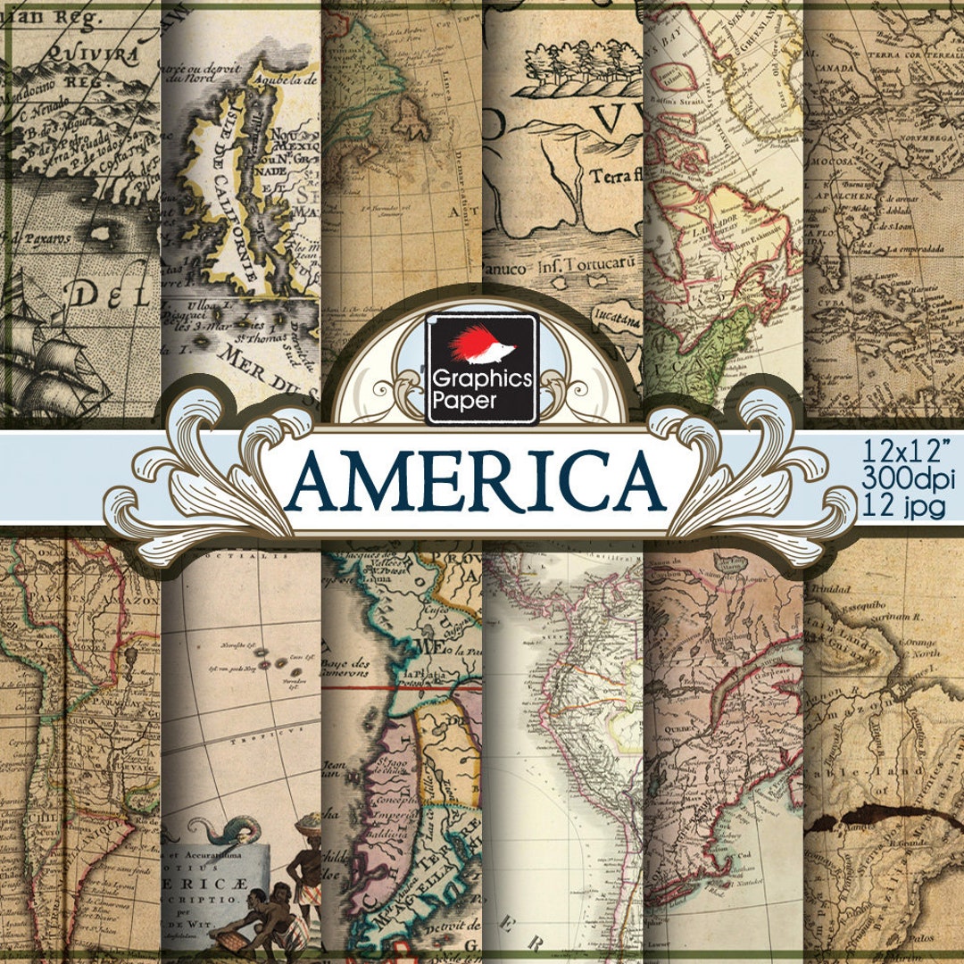 Antique World Map Digital Paper: Vintage America Maps (12x12in JPG ...