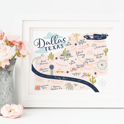 Dallas Texas Handlettered Watercolor Wall Art City - Etsy