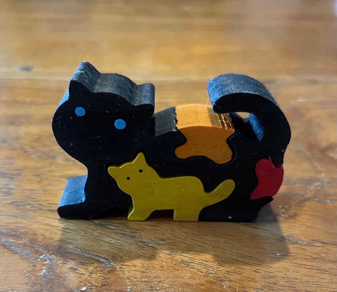 Wooden Cat Puzzle With Kitten, Tiny Cat Puzzle, Wooden Animal Puzzle ...