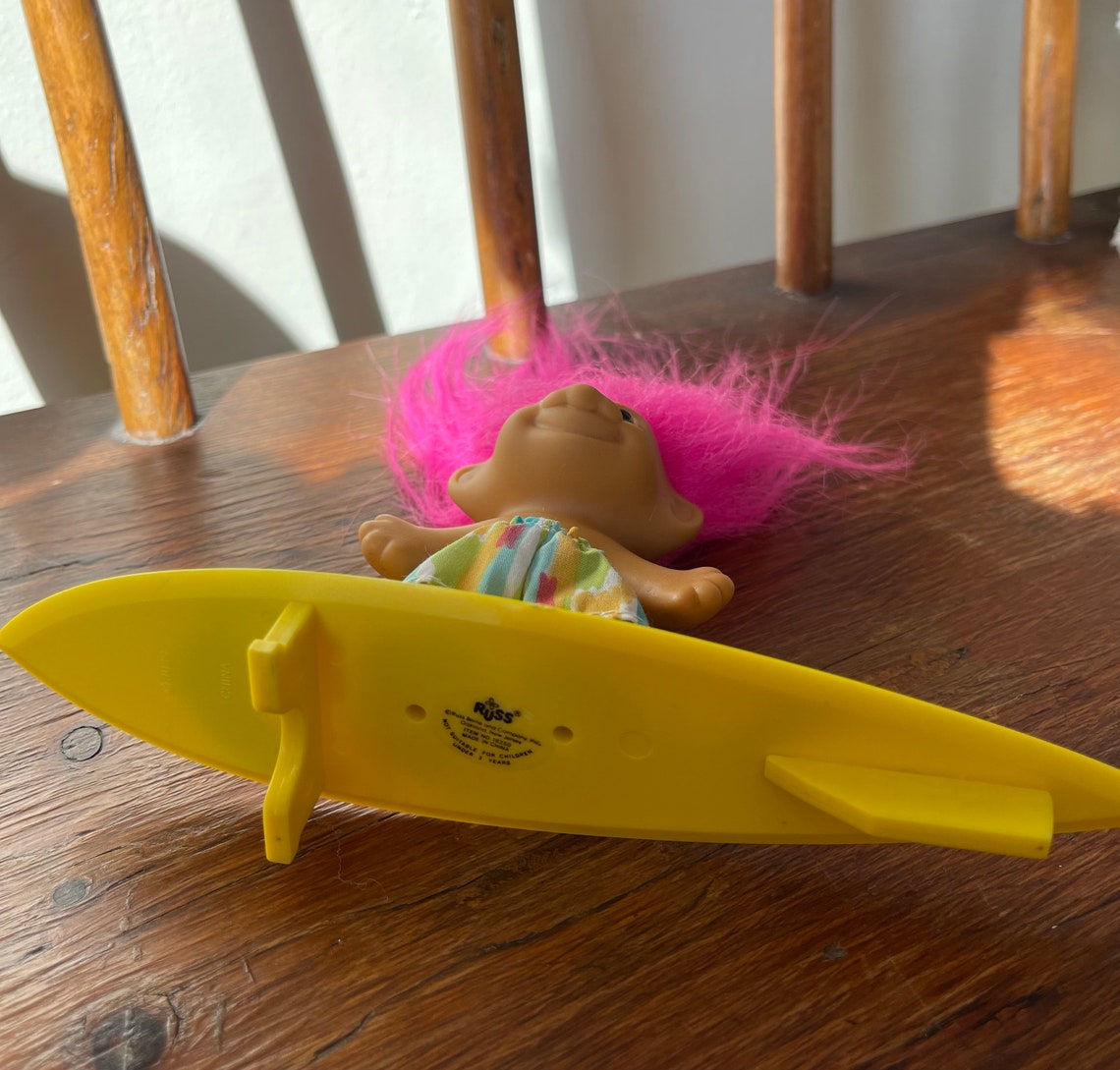 Russ Troll Doll, Pink Hair Surfer Troll With Yellow Surf Board, Vintage ...