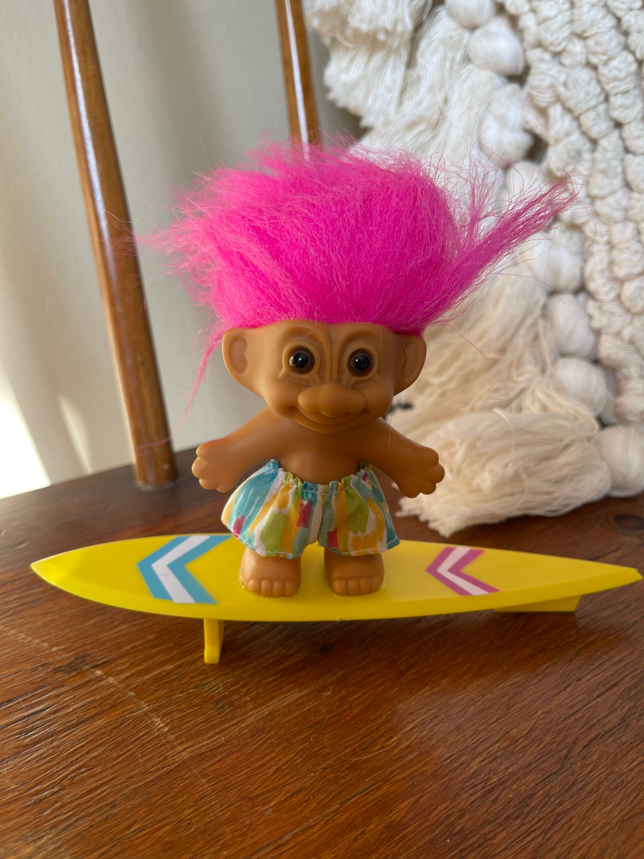 Russ Troll Doll, Pink Hair Surfer Troll With Yellow Surf Board, Vintage ...