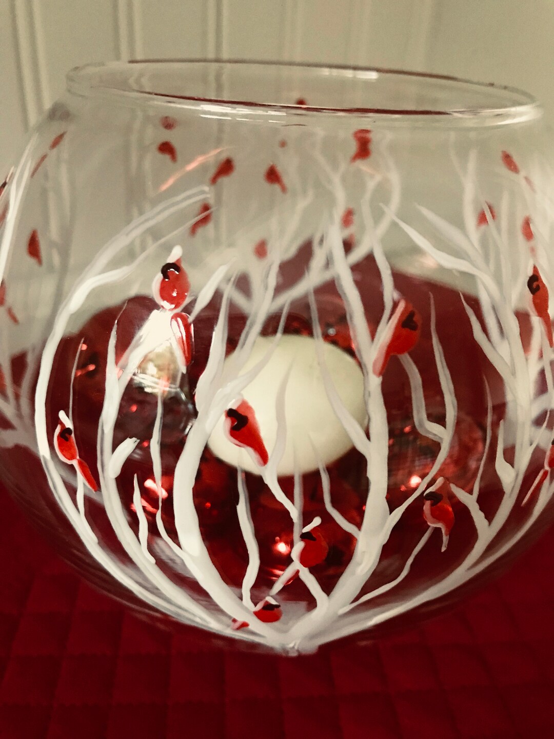 Hand Painted Cardinal and Trees Candy Dish or Candle Holder - Etsy