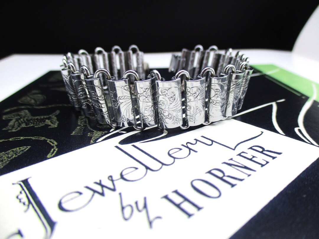 BOOK Piece Art Deco CHARLES HORNER Book Chain Embossed Panel Bracelet ...