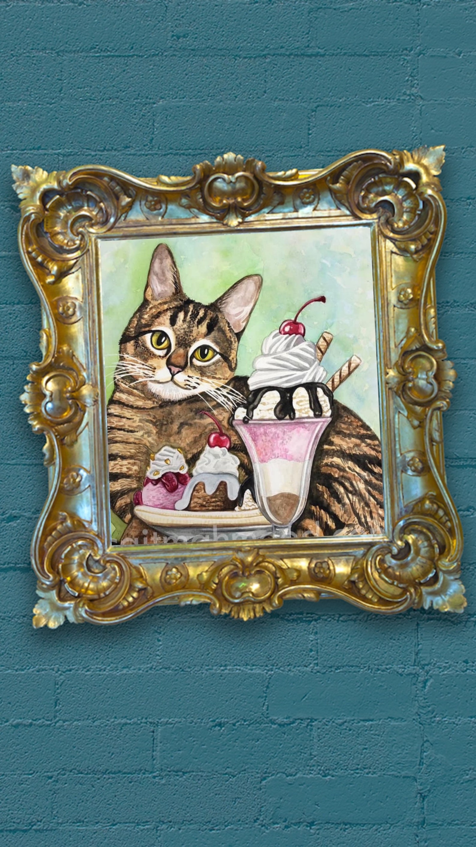 Tabby Cat Art Print Cat With Ice Cream Hungry Cats Cat Home Decor Cat Themed Gift Print of Tabby ...