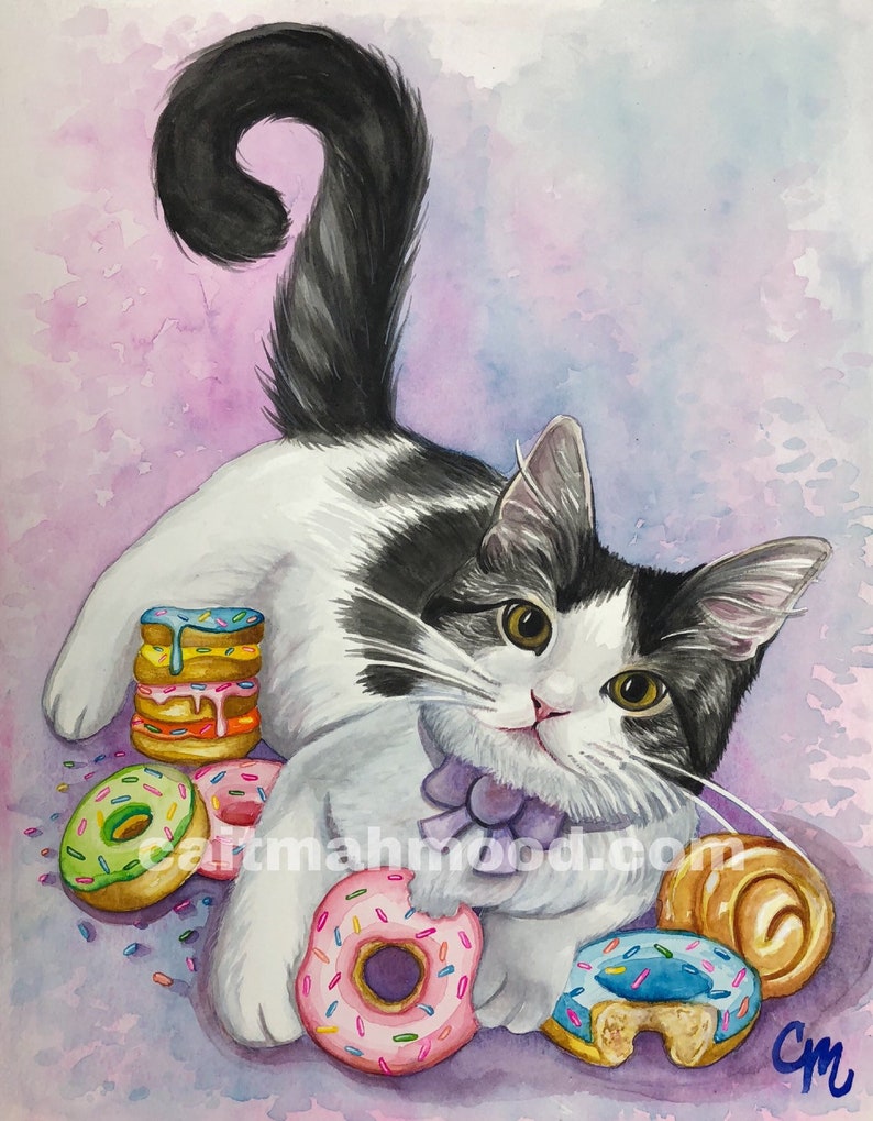 Watercolor Donut Cat Art Print Cat With Donuts Artwork Funny Cat Art ...