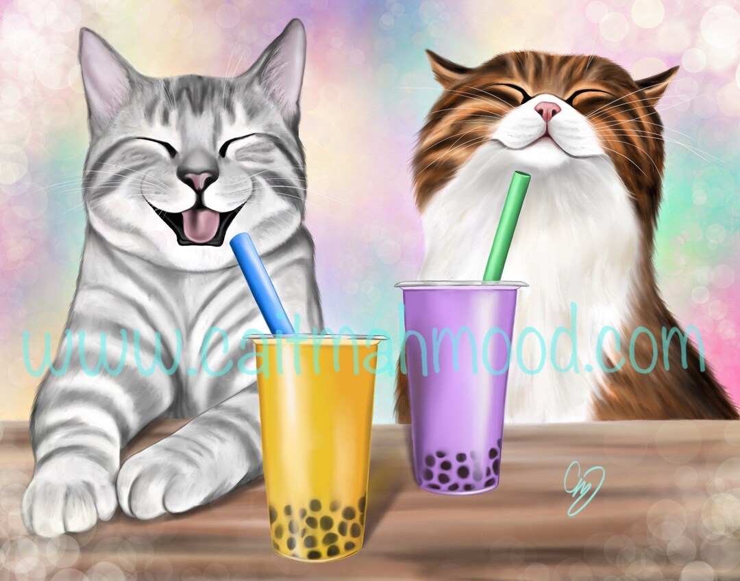 Tabby Cat Art Print Boba Tea Cat Art Boba Tea Artwork Print of Tabby ...