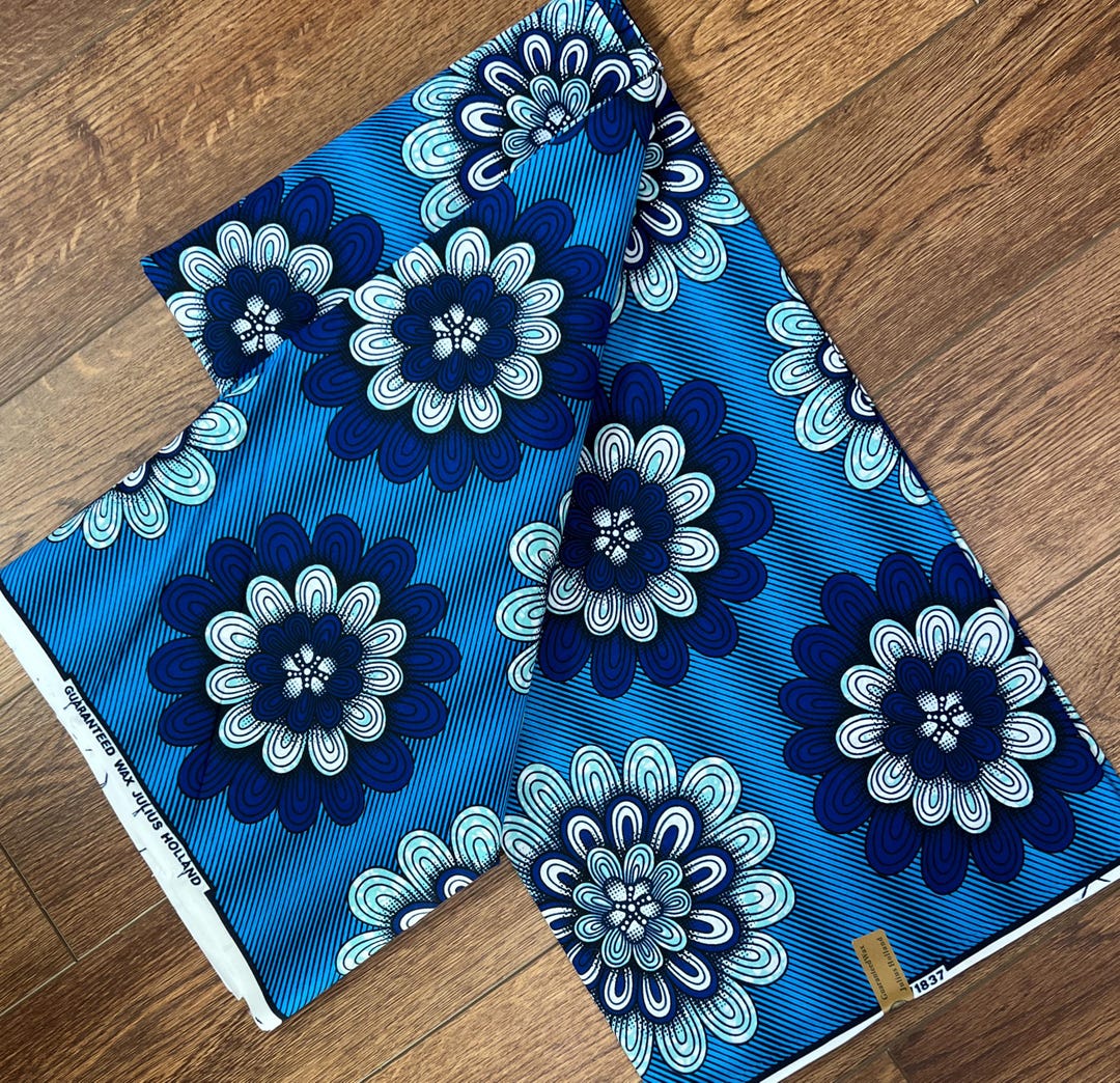 Blue Abstract Flower Pattern Dutch Wax Fabric by Julius Holland | Sold ...