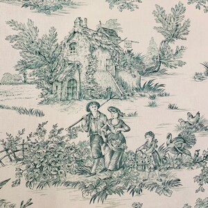 French Pastoral Toile Fabric in Green on Cream (108" Wide), Priced by ...