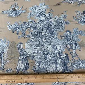 French Pastoral Large-scale Tan Blue and White Toile Fabric (108" Wide ...