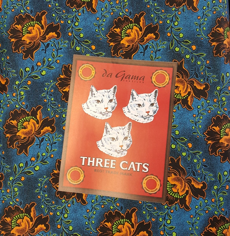 3 Cats Turquoise Orange and Green on Black Floral Shweshwe - Etsy