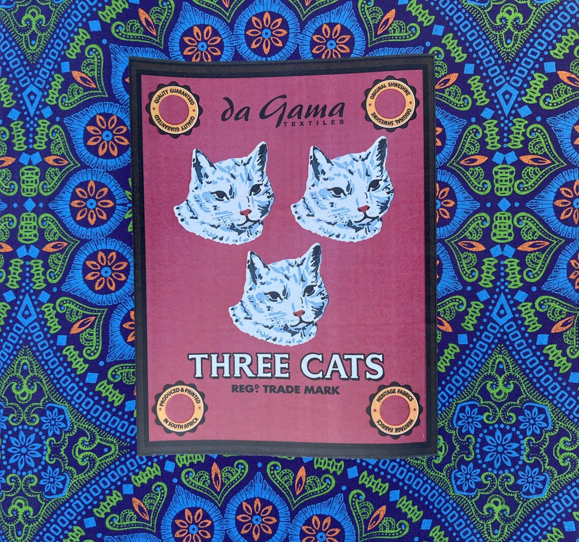 Three Cats Shweshwe Fabric From South Africa | Blue, Orange and Lime ...