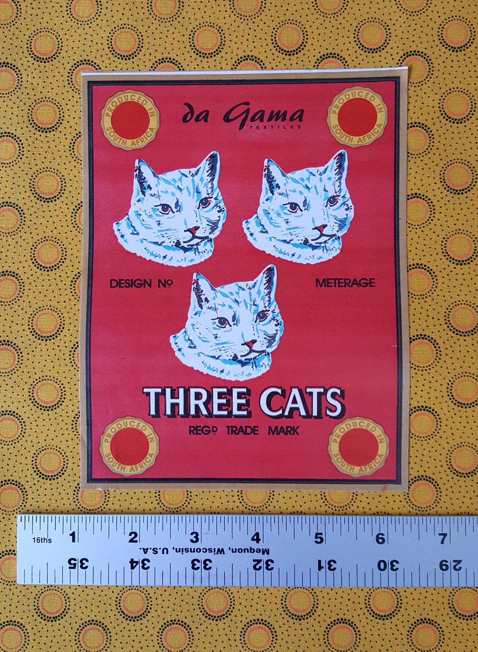 3 Cats Gold Shweshwe Fabric With Black and Orange Circles From South ...