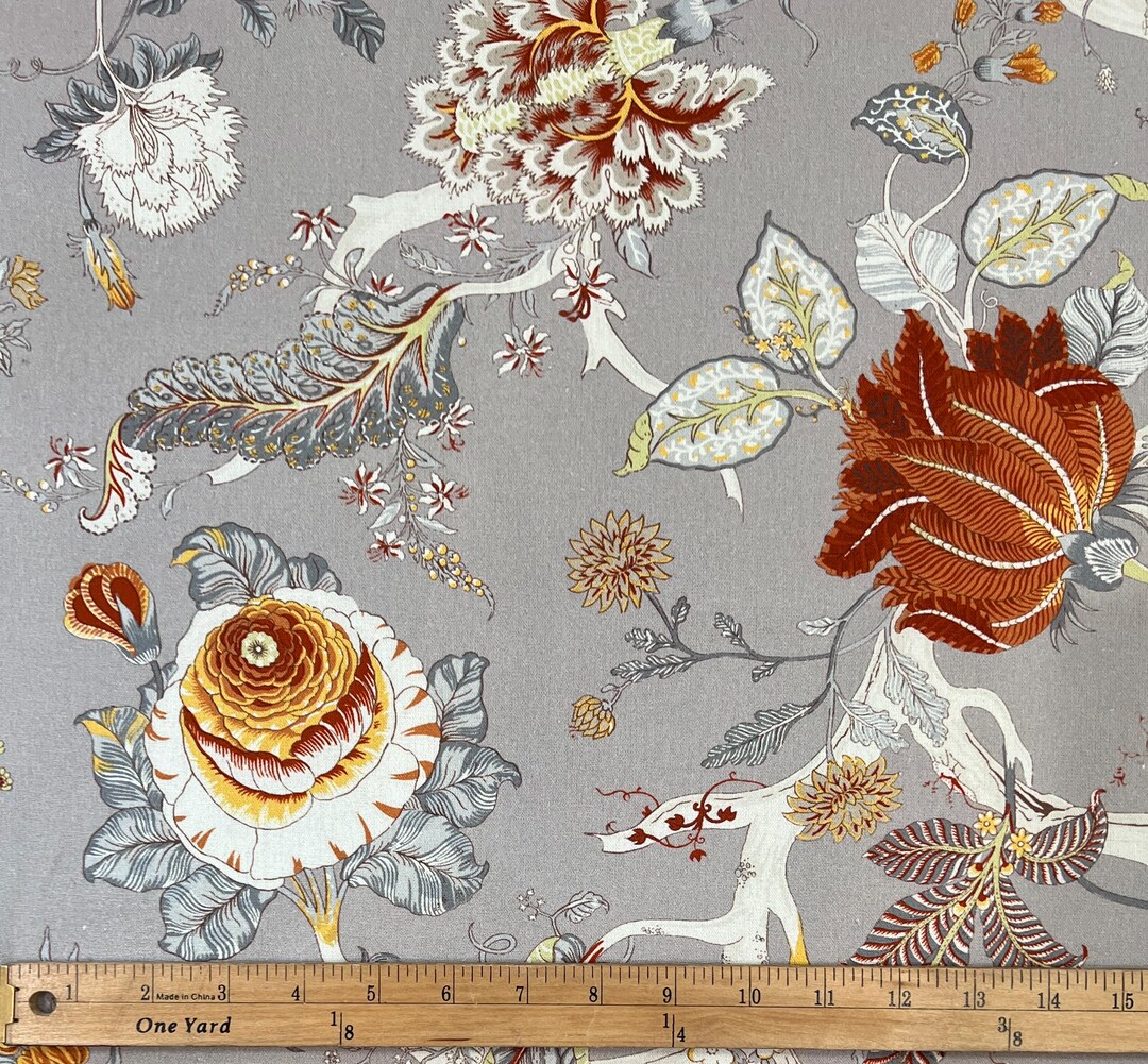 French Decorator Weight Ceylan Floral Toile Fabric on Gray | 108" Wide ...