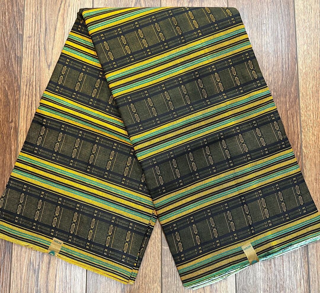African Striped Kente Cloth Print Fabric | 100% Cotton | Black, Green ...
