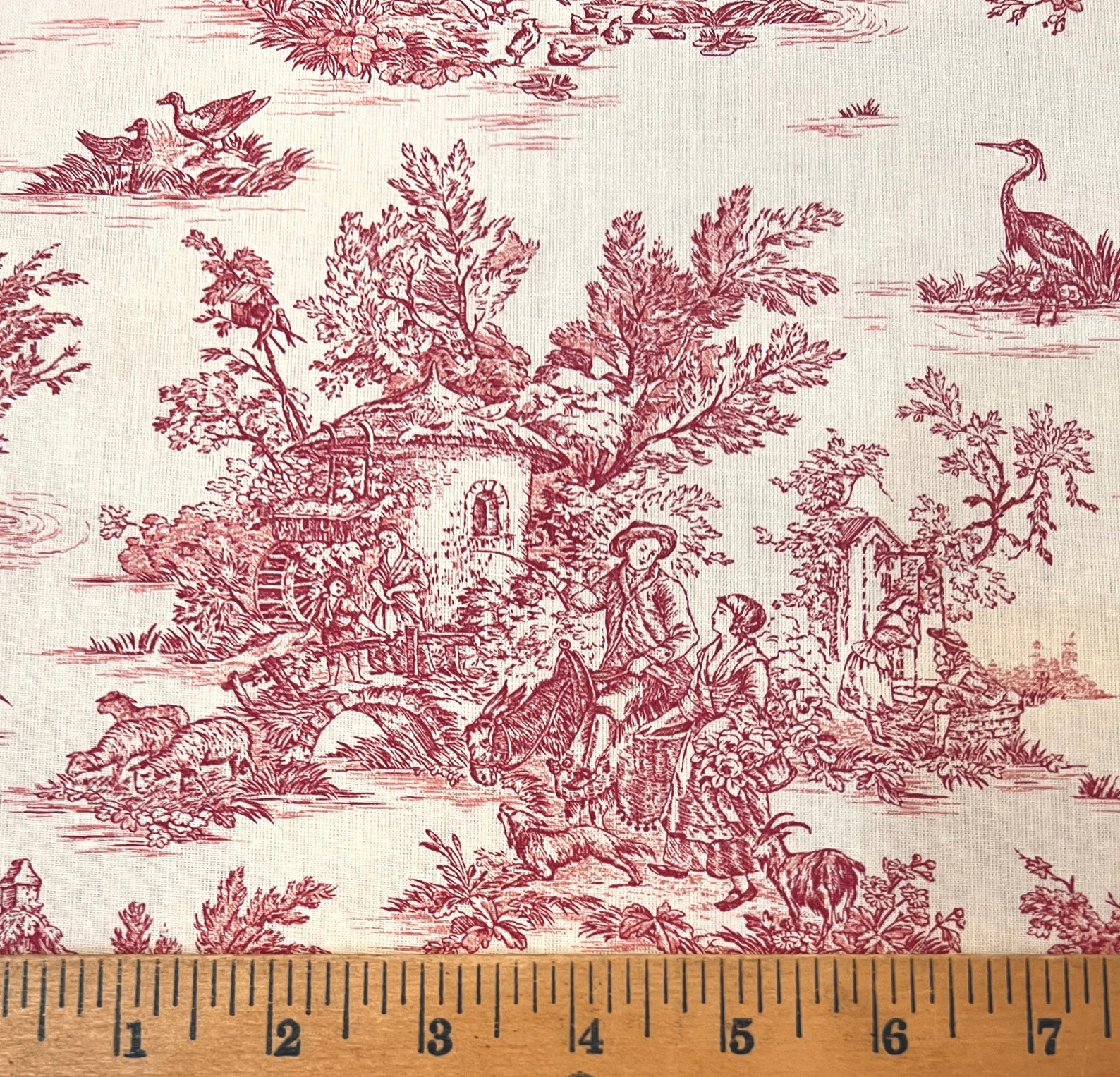 Wide Red French Pastoral Small-scale Toile Fabric (108" Wide), Priced ...