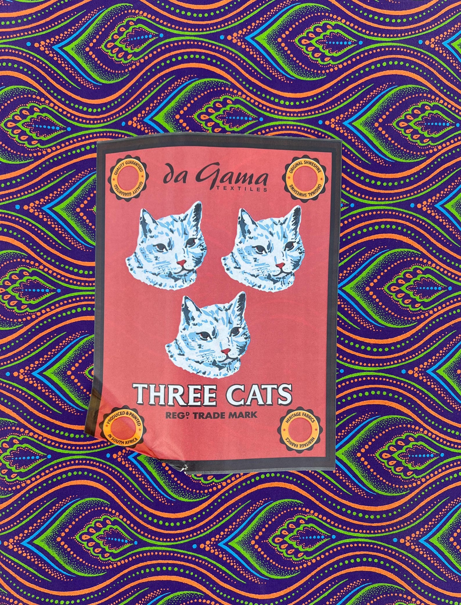 Three Cats Shweshwe Fabric From South Africa | Blue, Orange and Lime ...