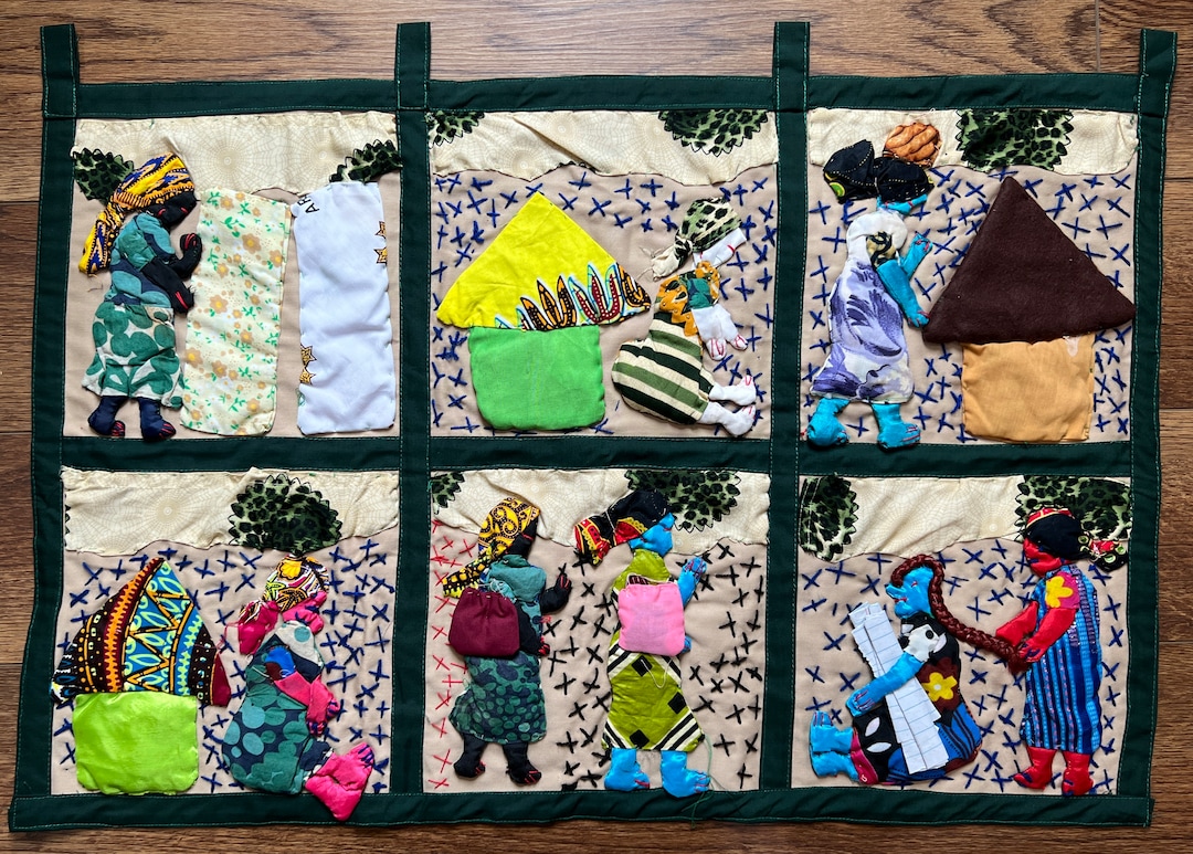 6 Panel "village Scene" Patchwork Folk Art From Zimbabwe for Wall ...