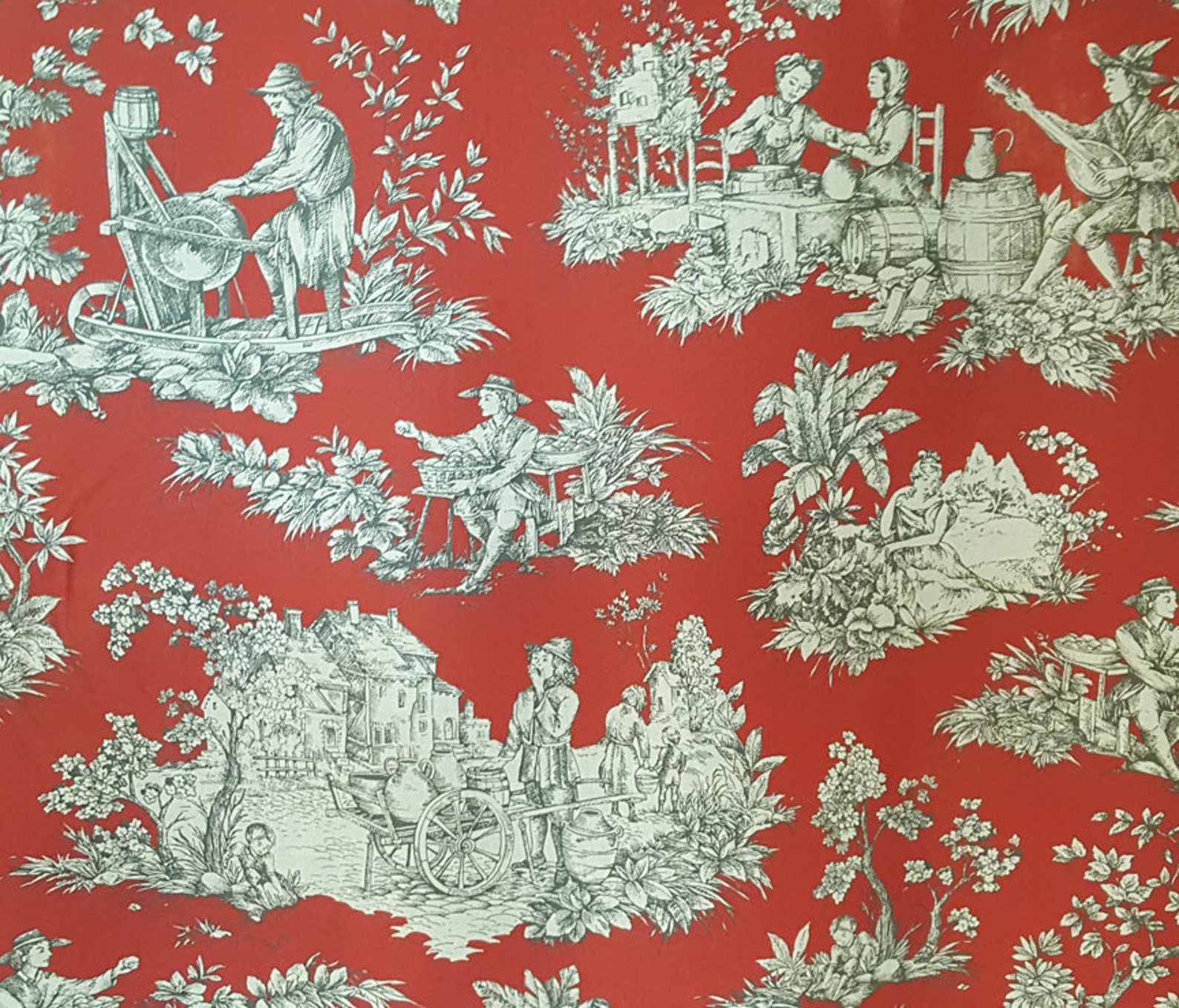 French Red Pastoral Toile Fabric (71" Wide), Priced by the HALF Yard - Etsy