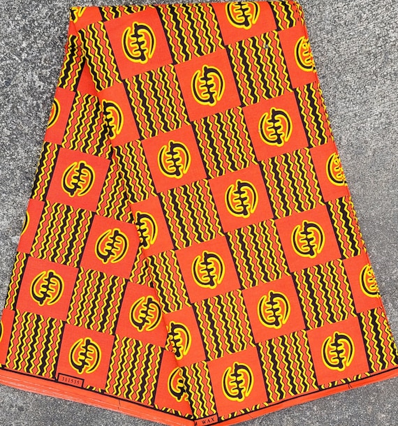 Orange and Black African Print Cotton Fabric With Gye Nyame | Etsy