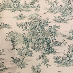 French Pastoral Toile Fabric in Green on Cream (108" Wide), Priced by ...
