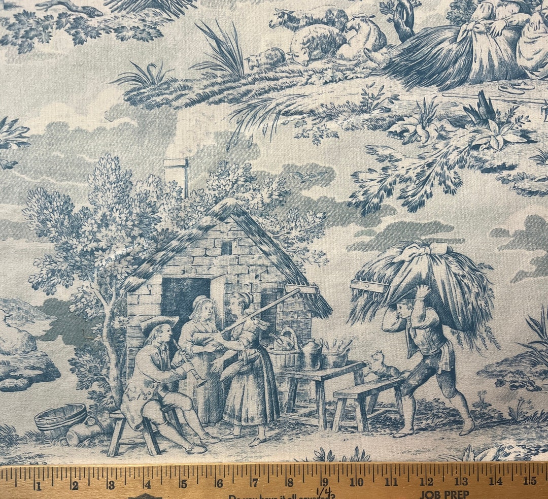 French Countryside Turquoise Blue on White Toile Fabric (110" Wide ...