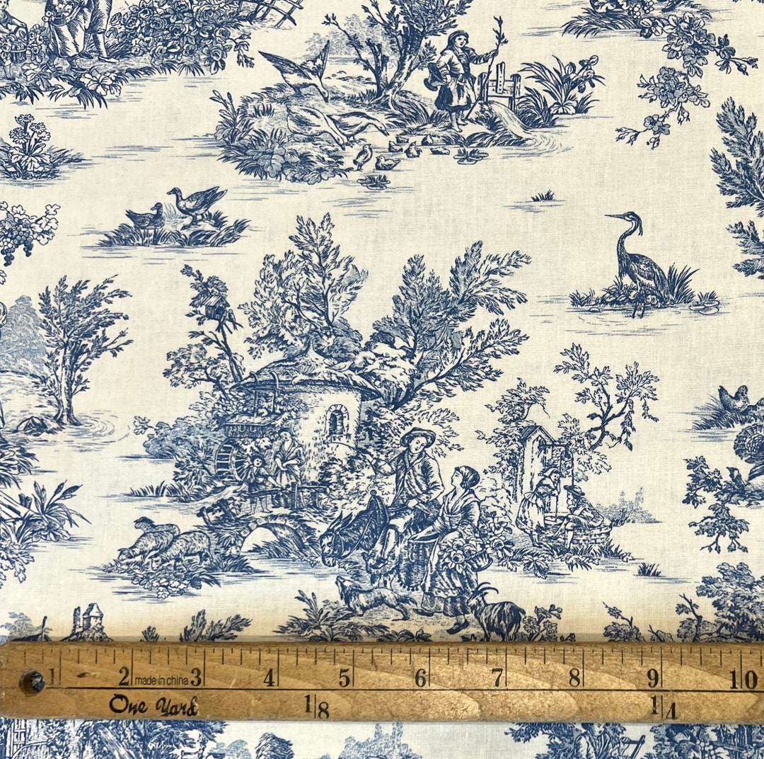 Wide Blue French Small-scale Pastoral Toile Fabric | 109" Wide | 100% ...