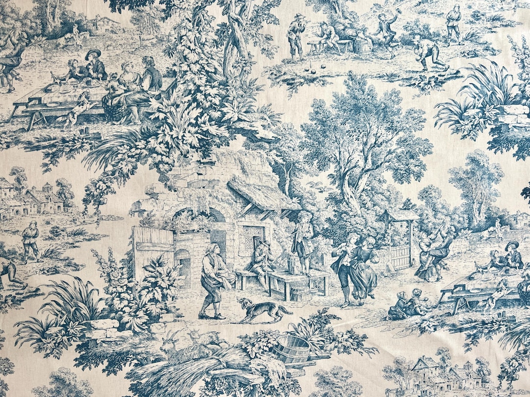 Italian Country Print Decorator Weight Toile Fabric in Blue | 70" Wide ...