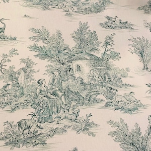 French Pastoral Toile Fabric in Green on Cream (108" Wide), Priced by ...