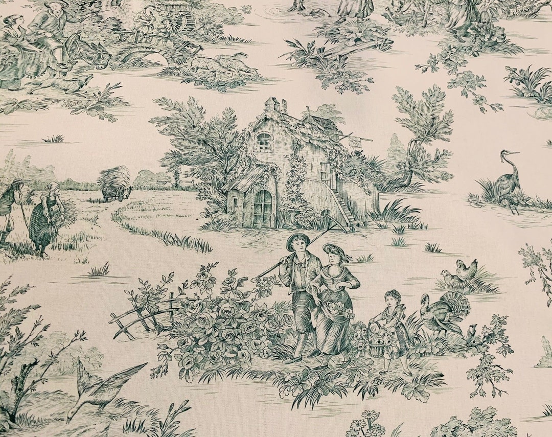 French Pastoral Toile Fabric in Green on Cream (108" Wide), Priced by ...
