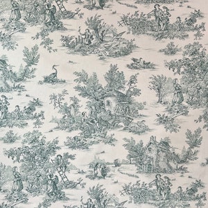 French Pastoral Toile Fabric in Green on Cream (108" Wide), Priced by ...