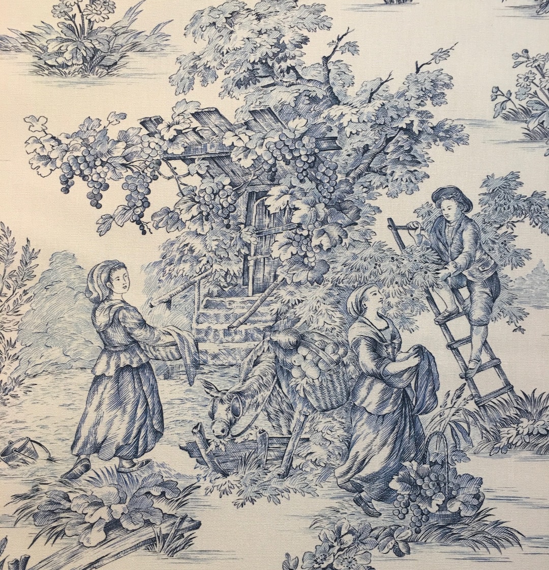 French Pastoral Large-scale Blue on Cream Toile Fabric (108" Wide ...