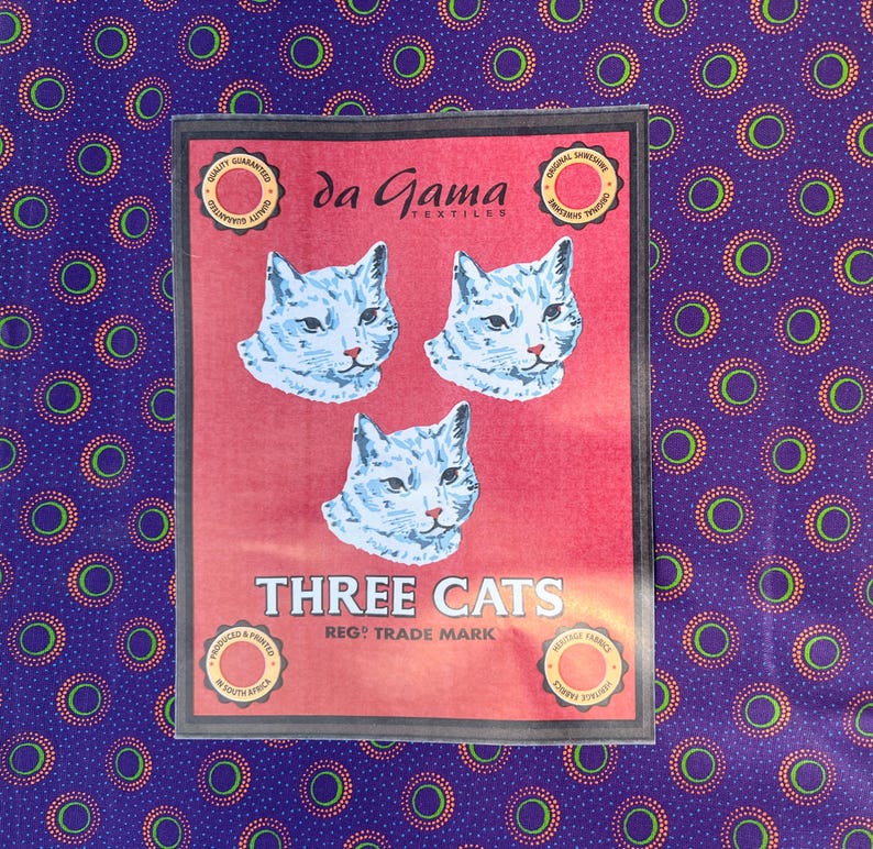 Three Cats Shweshwe Fabric From South Africa | Blue, Orange and Lime ...