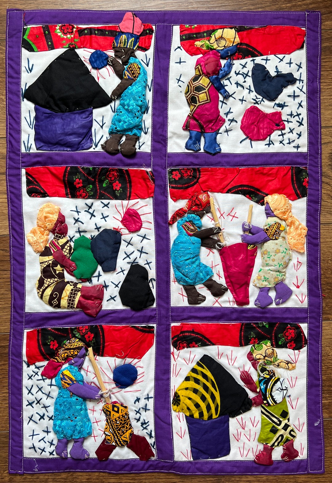 6 Panel "village Scene" Patchwork Folk Art From Zimbabwe for Wall ...