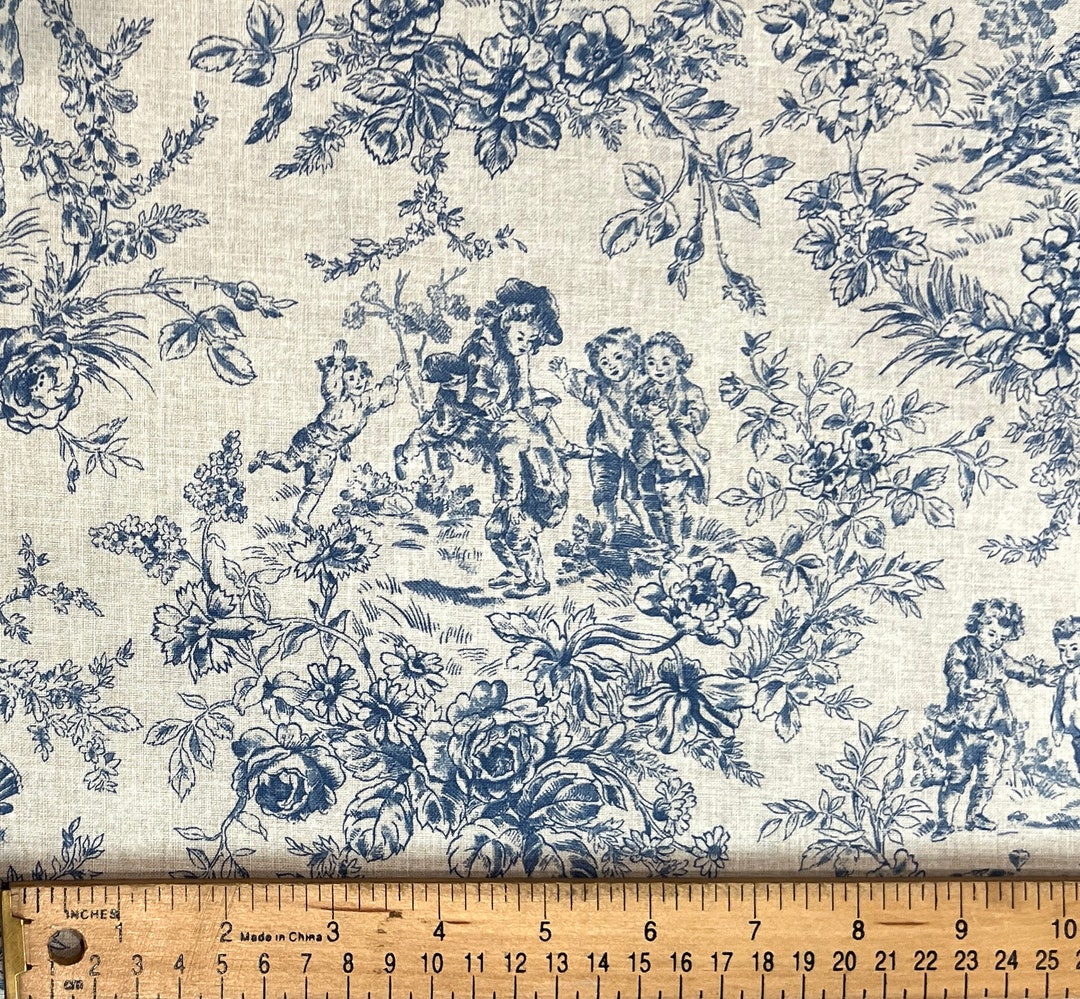 French "children at Play" Toile Fabric in Blue | Approx. 62" Wide ...