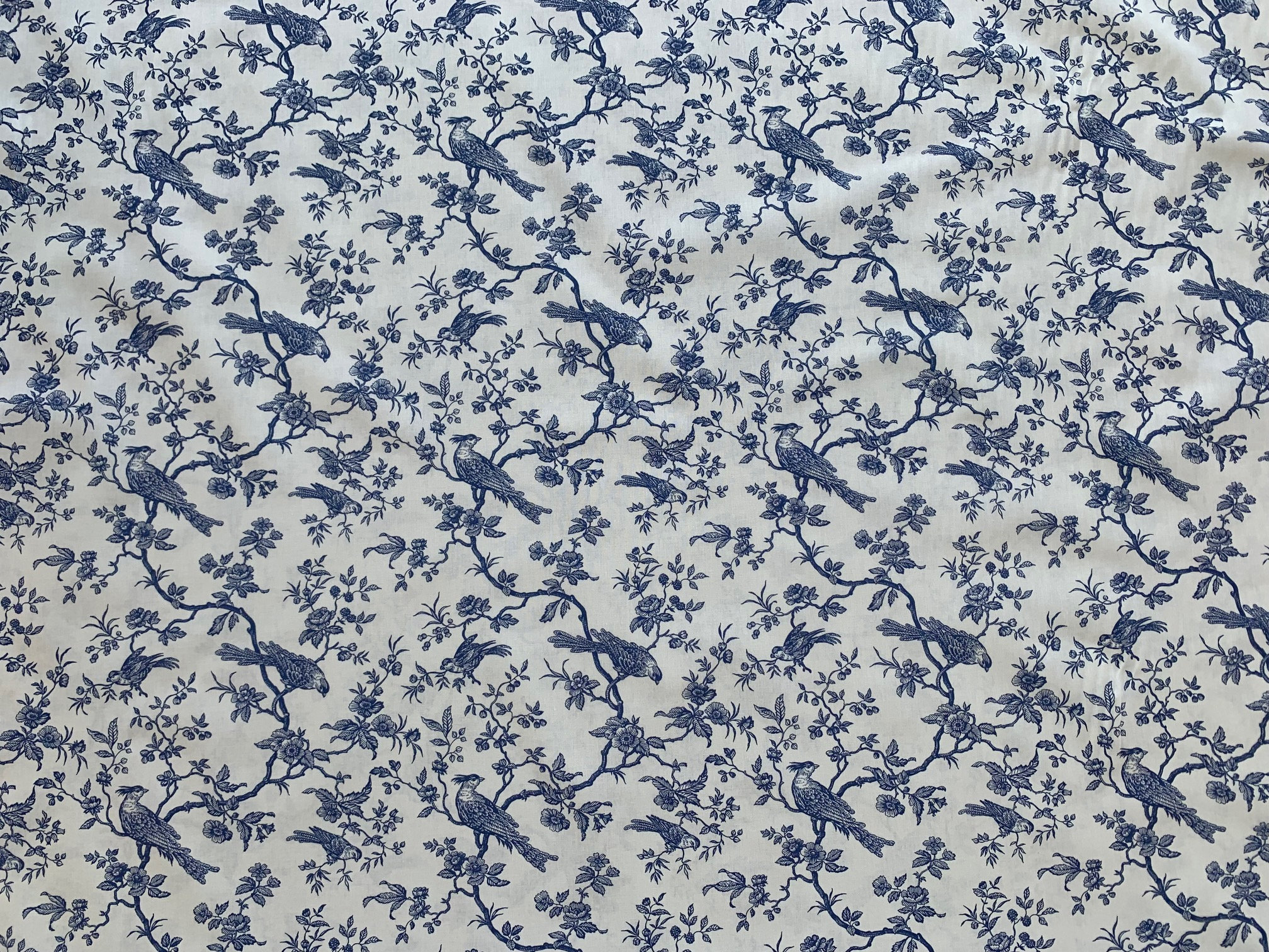 French Mésange Toile Birds and Florals Fabric in Blue | Approx. 109 ...