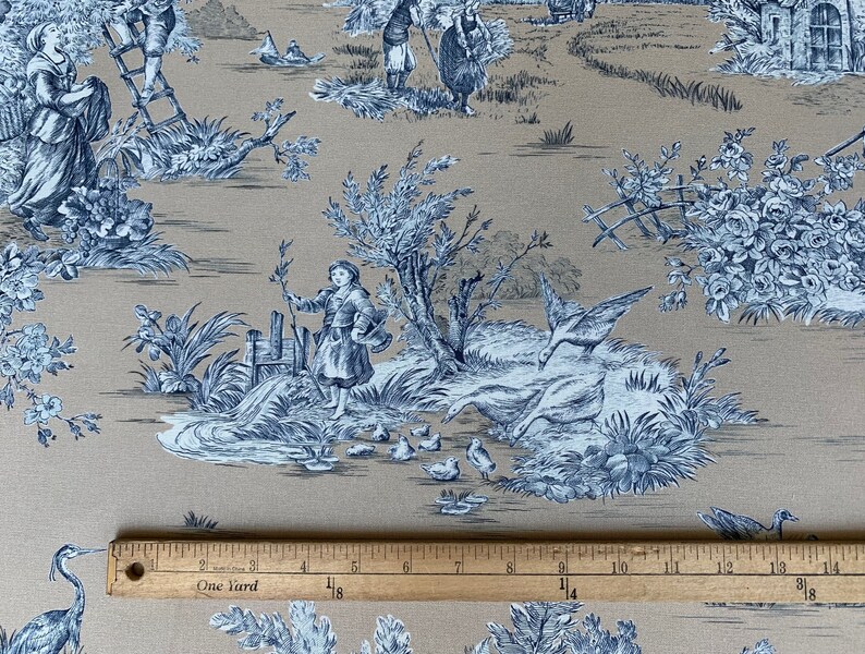 French Pastoral Large-scale Tan Blue and White Toile Fabric (108" Wide ...
