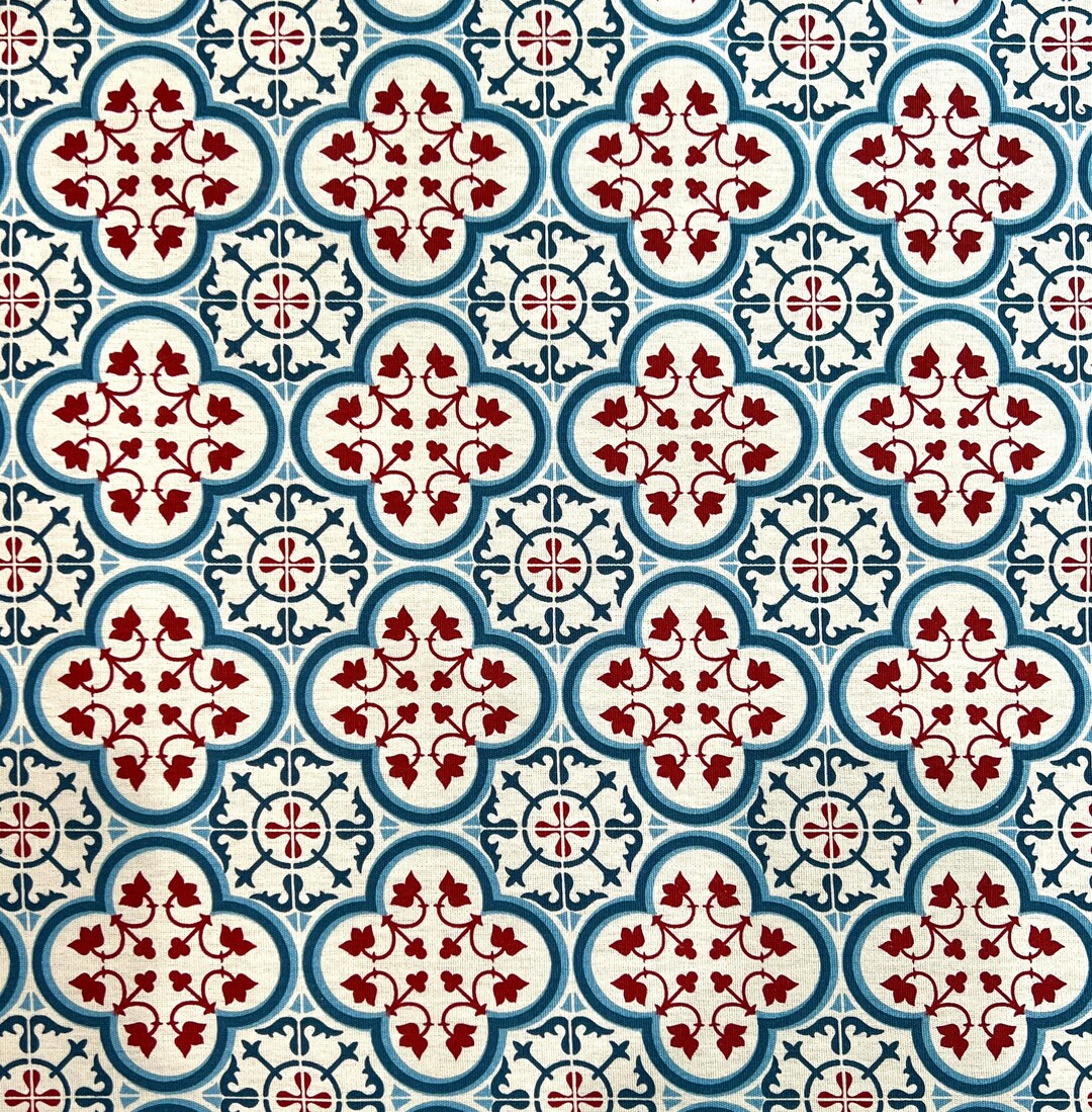 Italian Tile Print Decorator Weight Toile Fabric in Blue and Red | 70 ...