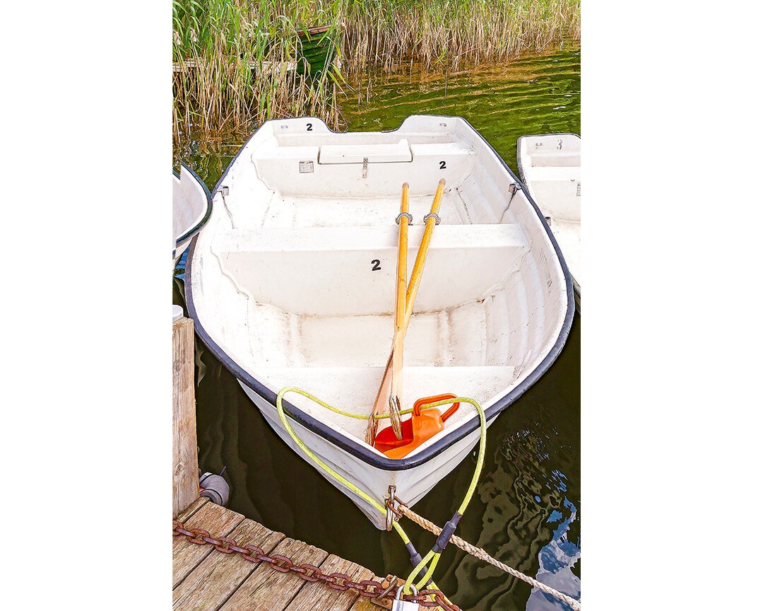 Old Rowboat Art Print, Coastal Wall Art, White and Orange Row Boat Wall ...