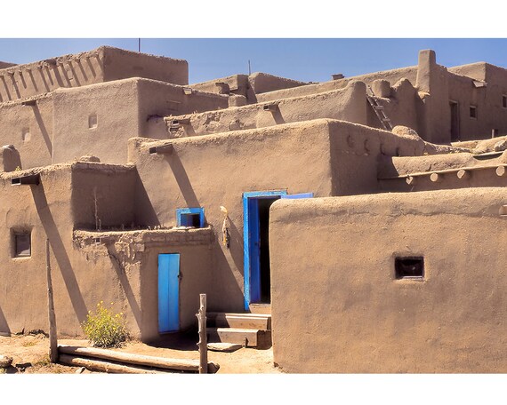 Taos Pueblo Photograph Adobe Buildings Blue Doors Southwest - Etsy