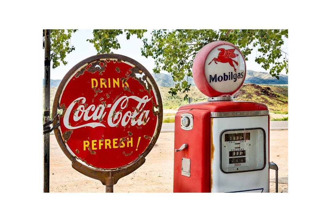Route 66, Old Coke Sign and Vintage Mobil Gas Pump Photo, Gift for Men ...