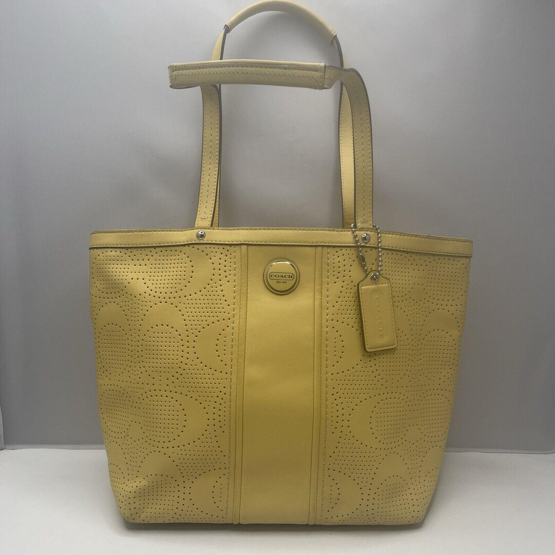 COACH Signature Stripe Perforated Leather Shoulder Bag Tote F21941 Chalk Yellow - Etsy