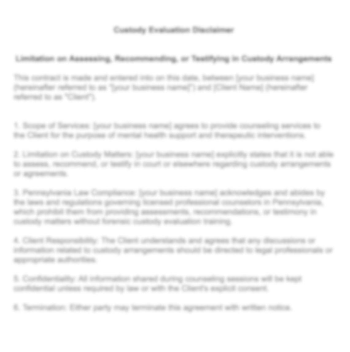 Custody Evaluation Disclaimer for Mental Health Practice (pennsylvania ...