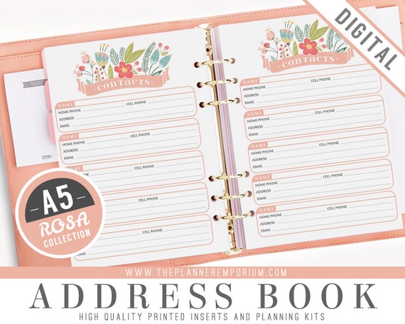 A5 Address Book Inserts - ROSA Collection - Fits Kikki K Large, Filofax ...